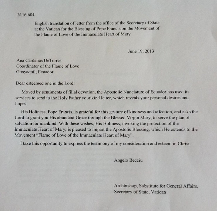 Apostolic Blessing from Pope Francis – Flame of Love of the Immaculate ...
