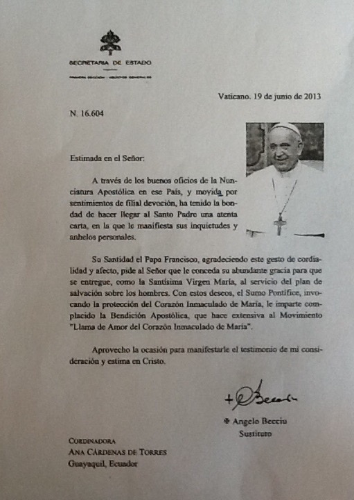 Apostolic Blessing from Pope Francis – Flame of Love of the Immaculate ...